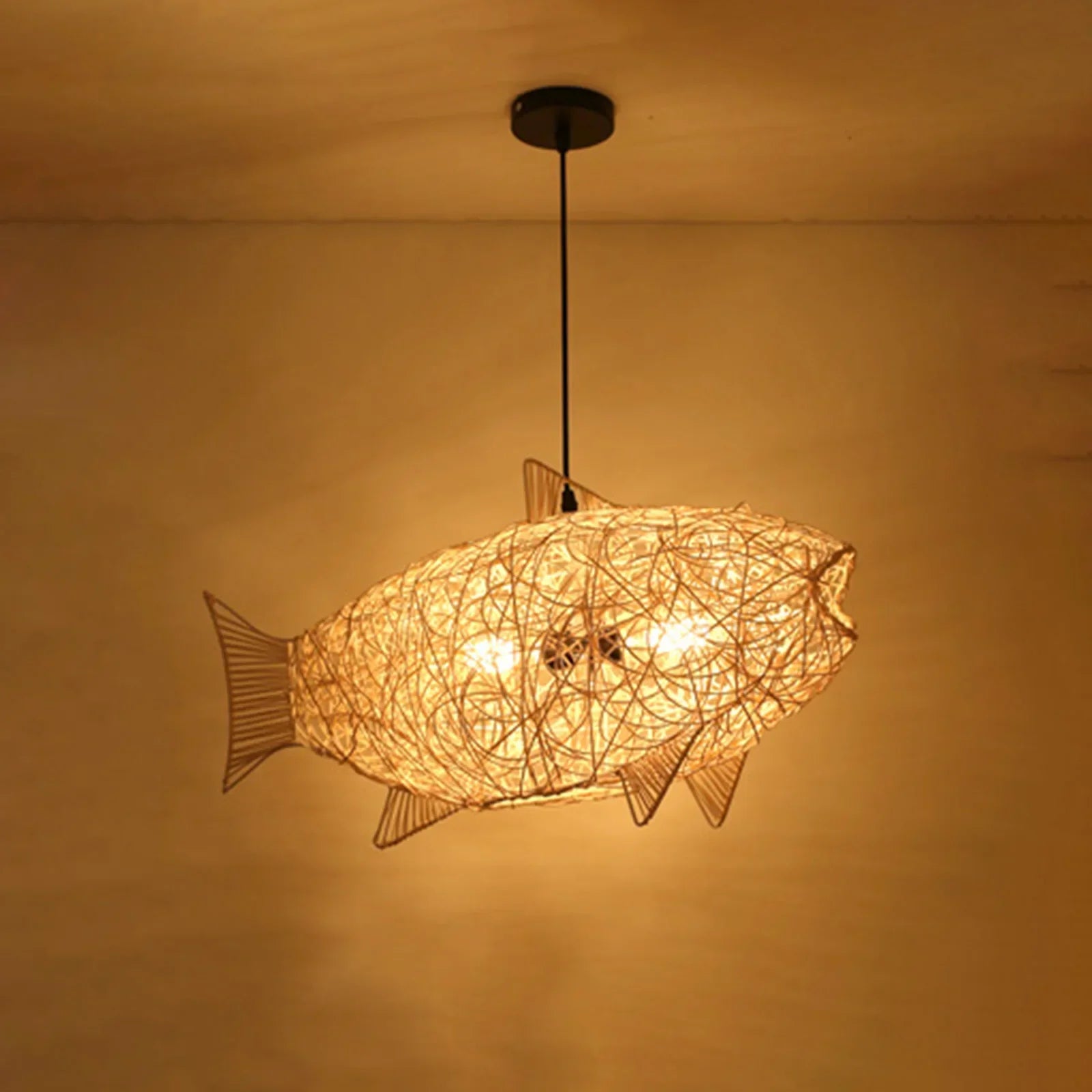 Hand-Woven Rattan Fish-Shaped Pendant Light - Artful Decorative Lighti ...